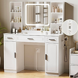 Vanity Desk with Mirror and Lights 45.3“W Makeup Desk with Drawers and Cabinet Vanity Table with Led Light Big Makeup Table with Charging Station Dressing Table with Glass Top for Bedroom White