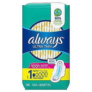 Always Ultra Thin Feminine Pads For Women, Size 1 Regular Absorbency, Multipack, With Wings, Unscented, 36 Count x 2 Packs (72 Count total)