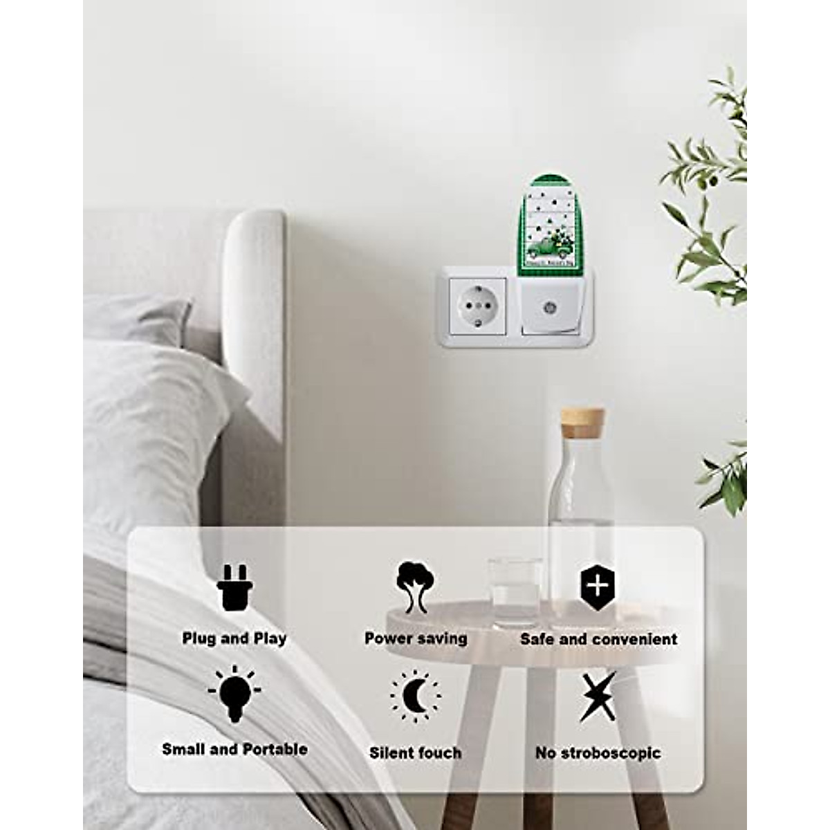 St. Patrick's Day Night Light, LED Plug in Night Light, Green Checkered Board Truck Clover on Wood Night Lights with Dusk to Dawn Sensor Decorative Kids/Adults Nightlight for Bedroom Bathroom