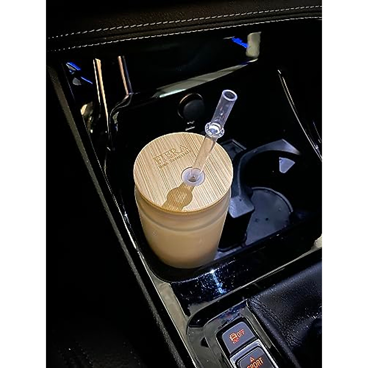 Fiera 16oz Drinking Glassware with Bamboo Lid and Reuasable Straw, Iced Coffee cup, Juice glassware, Cocktail Cup (1 PC) (Frosted)