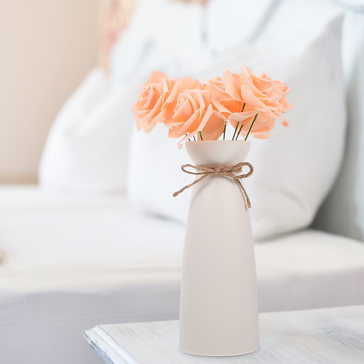 Generic Ceramic Flower Vase with Rustic Rope Flower Arrangement Container Centerpieces Vase Decor for Home Garden Office Vase Floral Decorative, White, 7X22.5CM