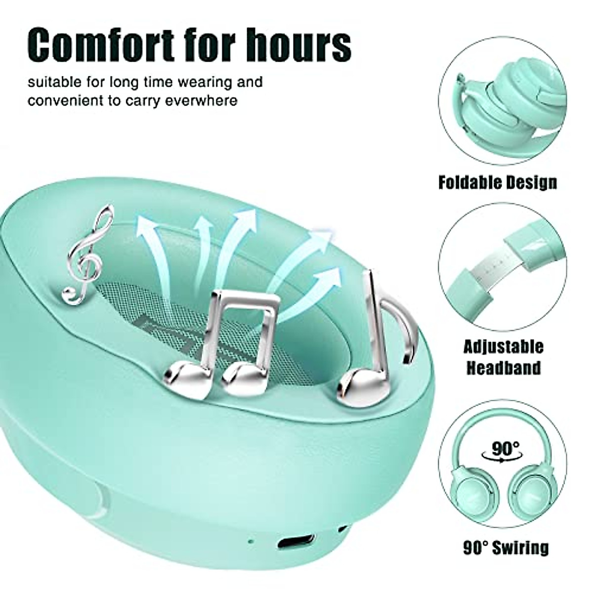 Bluetooth Headphones Over Ear,BERIBES 65H Playtime and 6 EQ Music Modes Wireless Headphones with Microphone,HiFi Stereo Foldable Lightweight Headset, Deep Bass for Home Office Cellphone PC Etc.(Green)