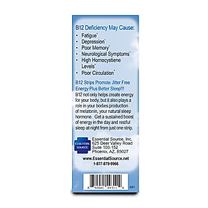 Essential Source Vitamin B12 Strips - Energy Supplement with 2000mcg of Methylcobalamin, B6, Folate & Biotin - Support Nerve & Brain Health, Stress Relief, Sleep - Winter Berry Flavor - 5 Day Supply