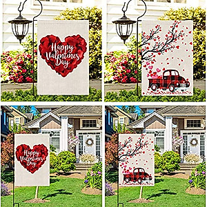Mocossmy Valentine's Day Garden Flag,2 PCS Double Sided Heart Rose Love Tree Red Truck Decorative Burlap House Flag Yard Banner for Valentine's Day Wedding Anniversary Spring Outdoor Decoration