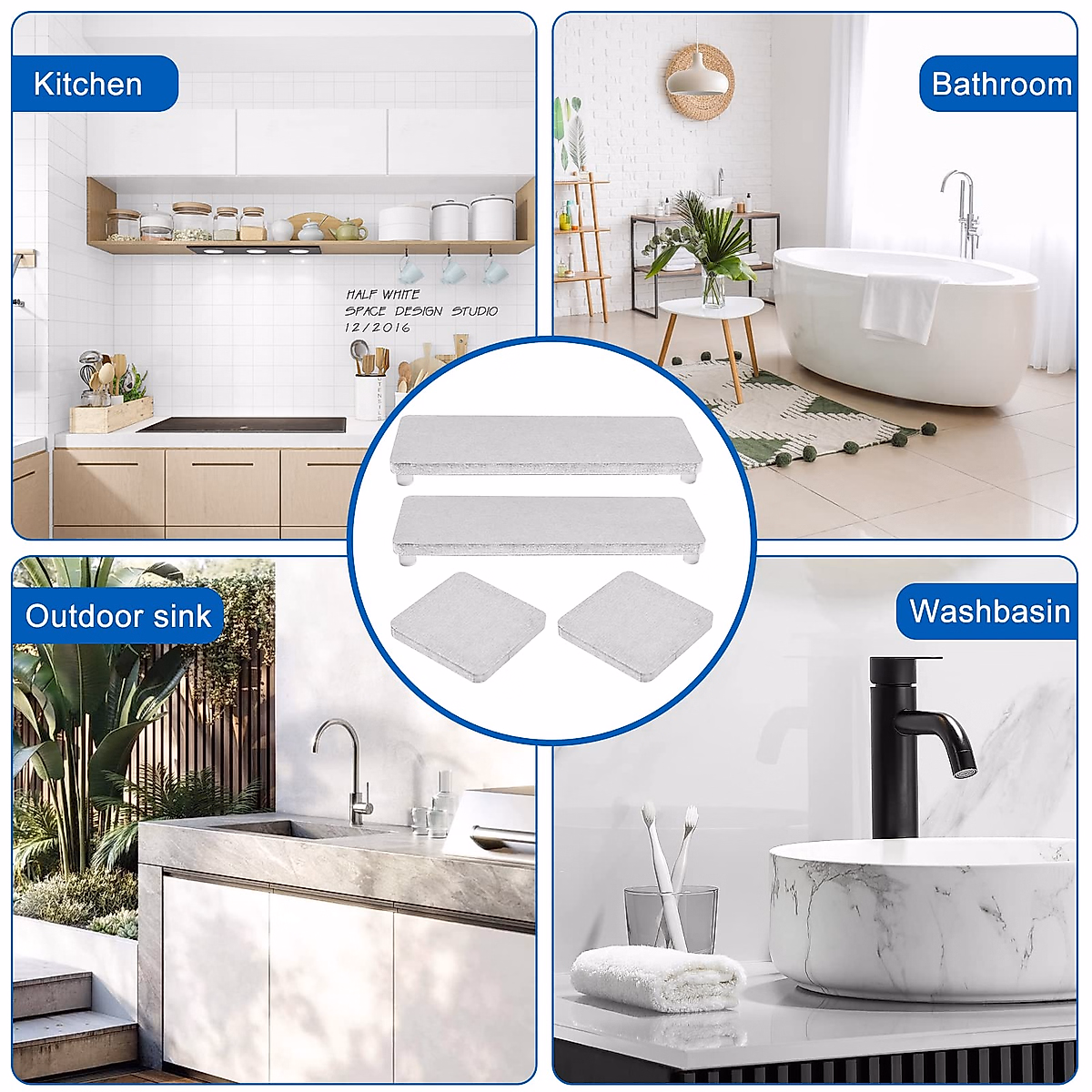 4Pack Water Absorbent Diatomite Coasters, Instant Dry Sink Organizer Water Absorbing Stone Tray Diatomaceous Earth Soap Dish Toothbrush Holder Stone Drying Mat for Bathroom Kitchen Sink Countertop (L)