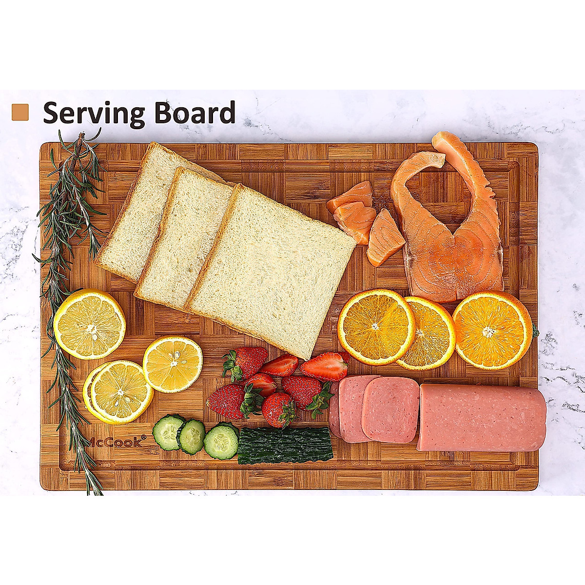 MC69 20 Pieces German Knives Block Set with Built-in Sharpener + MCW12 Bamboo Cutting Board(Large, 17"x12"x1")