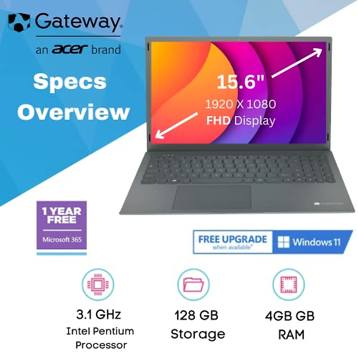 Gateway 15.6" FHD Ultra Slim Budget Notebook, Intel Pentium Processor (4-Core, up to 3.1 GHz), 4GB RAM, 128GB Storage, Precision Touchpad, HDMI, Windows 10S, Microsoft 365 1 Year, Charcoal Black