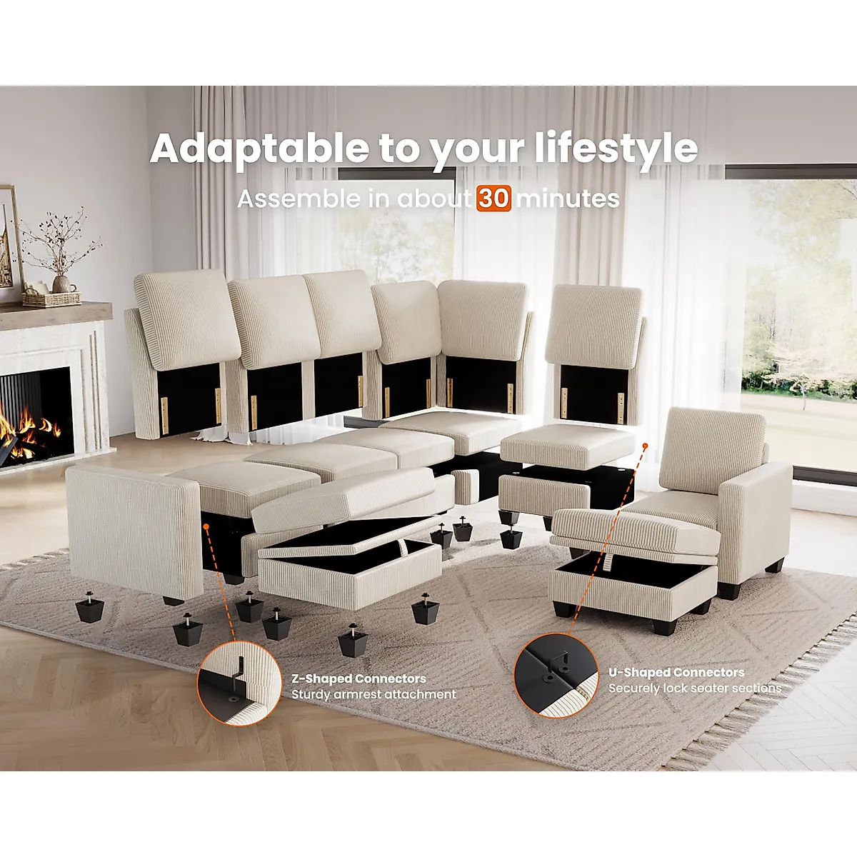 CHIC HOUSE Middle Module for Modular Couch, Corduroy Customizable Chaise, Storage Ottoman for Sectional Sofa, Armrest, Single/Double Seater