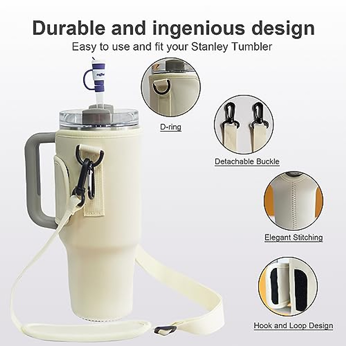 DLJZGC Water Bottle Carrier for Stanley 40 Oz Tumbler with Handle, Stanley Cup Holder with Adjustable Shoulder Strap & Straw Covers, Stanley Cup Bag, Water Bottle Bag for Hiking Travelling