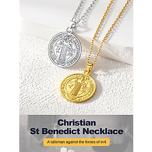 U7 Men Women St Benedict Necklace 925 Sterling Silver Round Medal Protect Saint Nursia Benedict Pendant and Chain 18 Inch