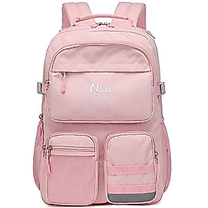 El-fmly Big School Backpack Bookbag for Teen Students, Multi Pockets Water Resistant Casual Daypack with 15.6 inch Laptop pocket for Travel (Pink)