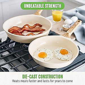 GreenLife Arte 2 Piece Frying Pan Set, Ceramic Nonstick 9.5" & 11" Skillets, Induction Suitable, Non Toxic PFOA & PFAS Free, Wood Print Handles, Dishwasher Safe, Speckled Cream