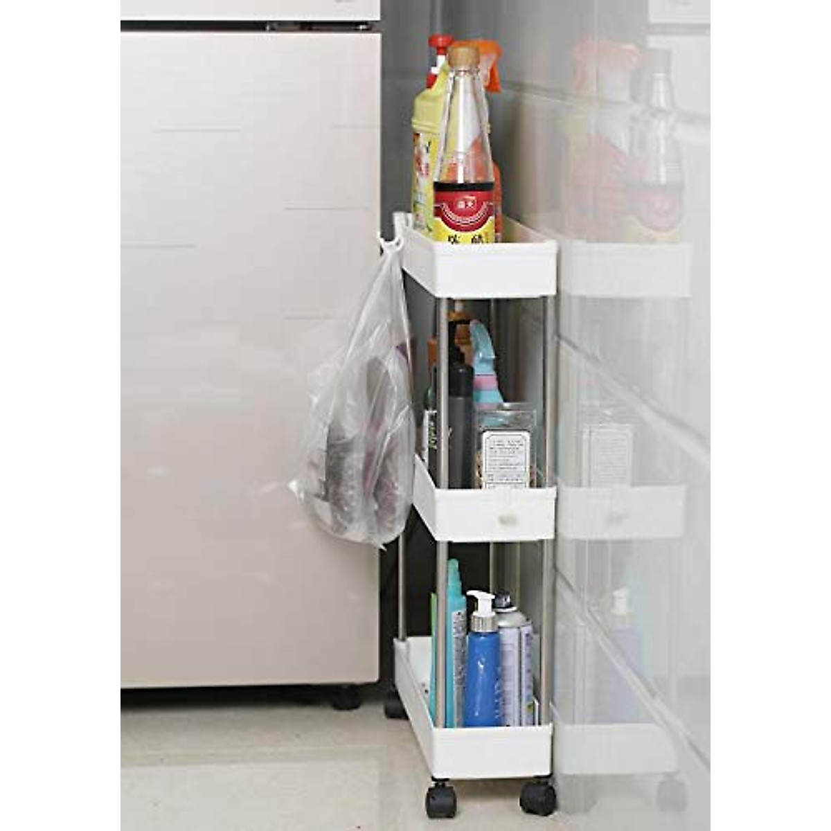 3 Tier Slim Storage Cart, Mobile Narrow Rolling Cart with Wheels, Conveniently Slide Out Organizer Shelf Cart for Kitchen Bathroom Pantry Laundry Narrow Space - Plastic (White)