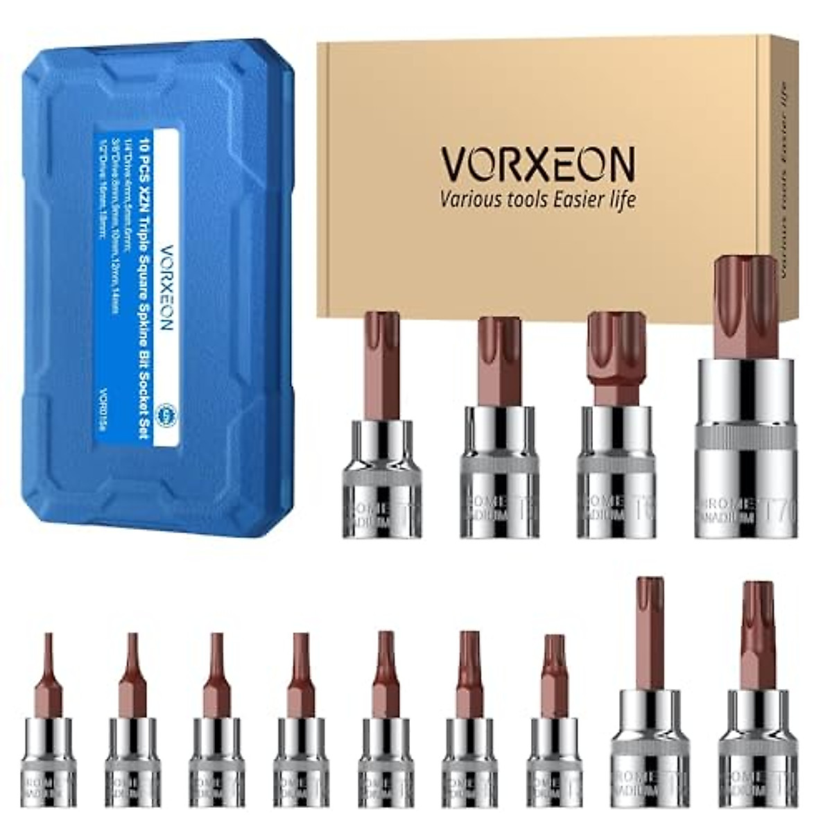 VORXEON 10 Pcs Triple Square Spline Bit Socket Set M4 - M18, S2 Alloy Steel and CR-V XZN Sockets with Storage Case, 1/4” 3/8” 1/2” Drive
