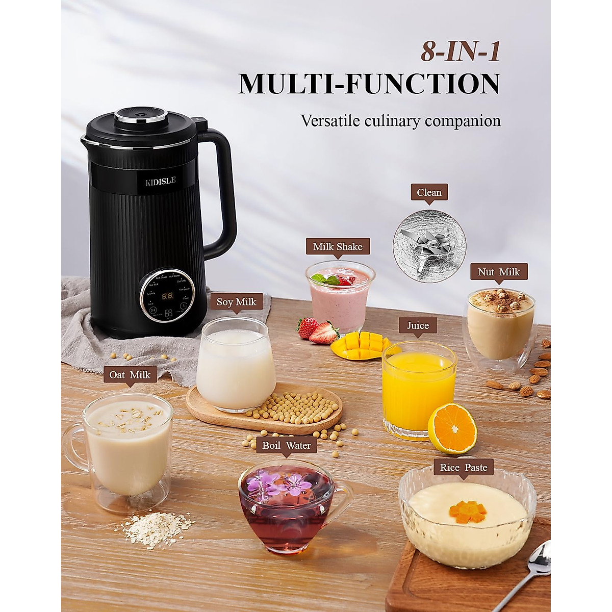 KIDISLE 32oz Automatic Soy Machine for Homemade Almond, Oat, Coconut, Soy, Plant Based Milks and Non Dairy Beverages with Delay Start/Keep Warm/Self-Cleaning/Boil Water