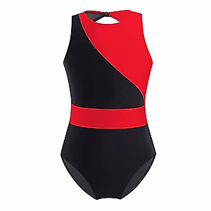 Aislor Girls' Ballet Dance Leotard Sleeveless Mesh Patchwork Criss Cross Back Unitards Gymnastic Jumpsuit Activewear Red&Black 14 Years