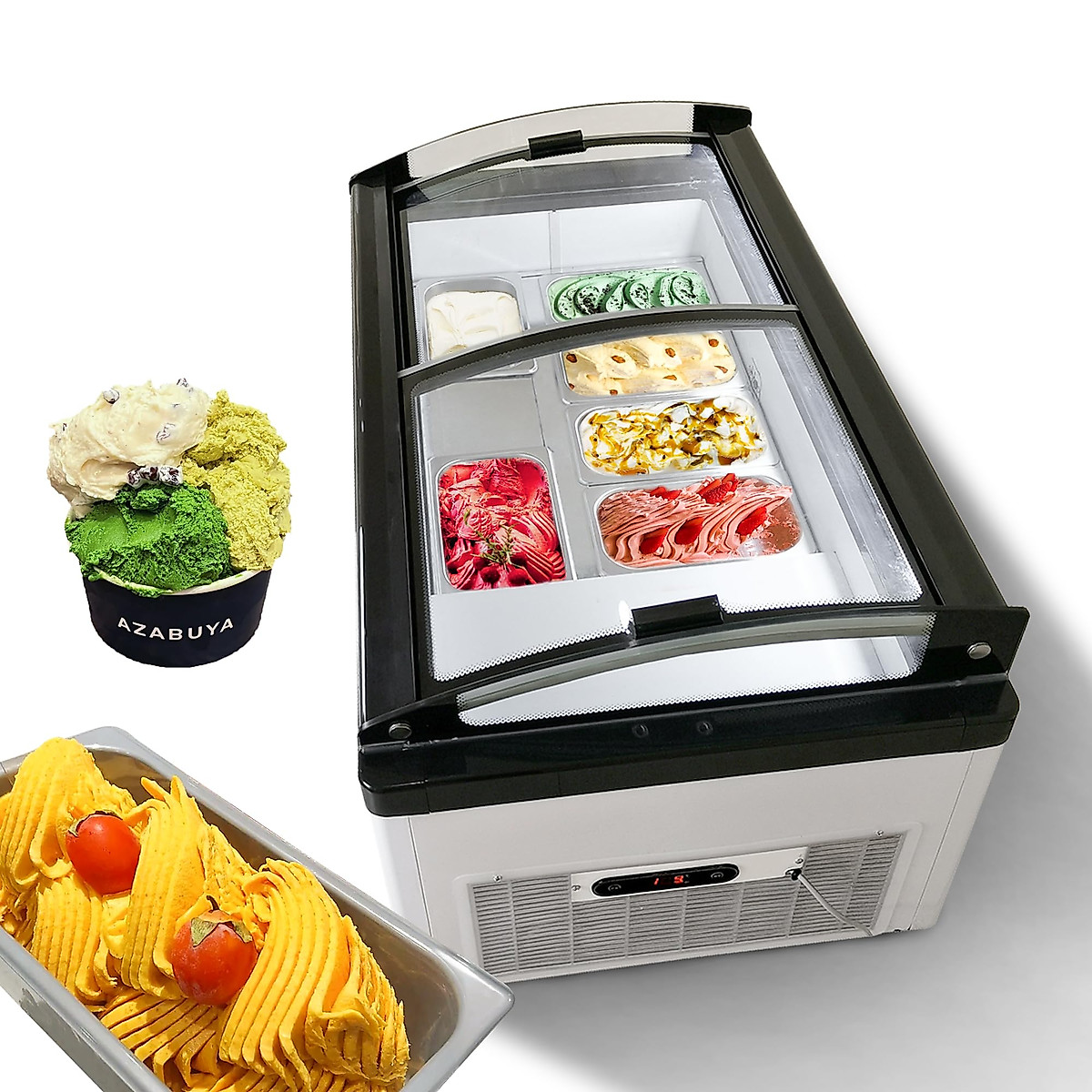 Mvckyi Ice Cream Dipping Cabinet Commercial Ice Cream Display Freezer, 6 Square Pans Gelato Freezer Display Case, Countertop Hard Ice Cream Showcase with LED Light, for Bar, Coffee Shop