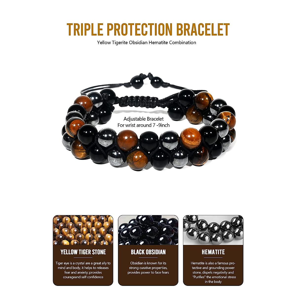 Mlooog Triple Protection Bracelet Energy Obsidian Men's beaded bracelet-tiger's eye lady's double-layered hand protection bracelet brings good luck and wealth