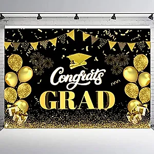 HVEST Congrats Grad Backdrop Black and Gold Balloon Class of 2023 Photography Background for Graduation Party Decorations Graduation Banner Cake Table Decor Photo Booth Props,7x5ft