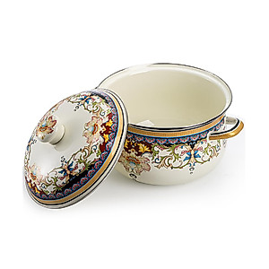 ZENFUN Kitchen Enamel Stockpot with Lid, 3.5 Quart Retro Flower Stew Bean Cooking Pot, Vintage Thicken Soup Pot with Handles, Nonstick, Safe for Induction Cookers, Gas Stove