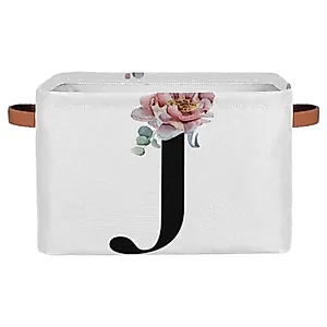 Alphabet Monogram Floral J Letter Fabric Storage Baskets for Shelves for Organizing Closet, Foldable Storage Bins Rectangular Decorative Basket with Leather Handles Cubes, 2 Pack