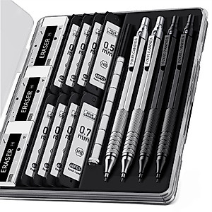 Four Candies 4PCS Metal Mechanical Pencils Set with Case, 0.5mm & 0.7 mm Artist Pencil with 8 Tubes (480PCS) HB Lead Refills, 3 Erasers,9 Eraser Refills For Writing Drafting, Drawing, Black&Sliver