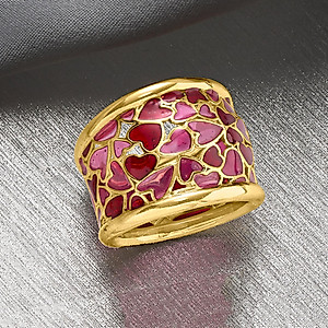 Ross-Simons Italian Red and Pink Enamel Heart Ring in 18kt Gold Over Sterling. Size 7