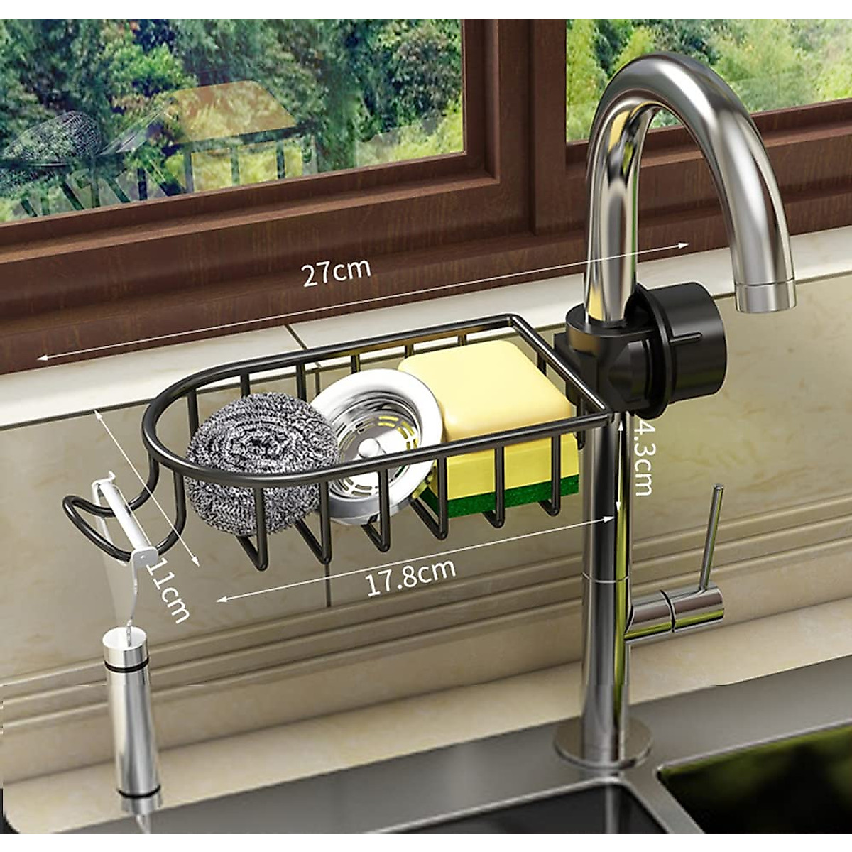 FWEHIO Faucet Sponge Holder with Hook Soap Dishcloth Hanger Brush Sink Caddy Drain Rack Space Aluminum Soap Sponge Brush Scrubber Sink Caddy Organizer (Double, Black)