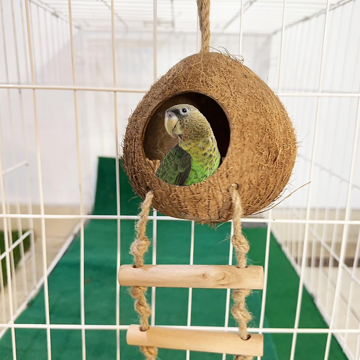 Bird Coconut Hides Nest with Ladder Parrot Cage Hanging Natural Coco Shell Hut Hide Toy with Wooden Bridge Hollow Hideaway Toys for Parakeet Lovebird Finch Canary 2PCS