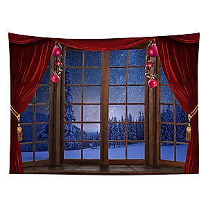 HVEST Winter Tapestry Wall Hanging Snowy Pine Tree Forest and Mountain Nature Landscape outside Window Tapestry for Bedroom, Christmas Night Tapestry for Living Room Dorm Decor, 51L X 59W inches