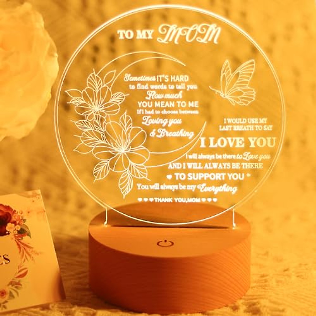 NISCHA Mothers Day Gifts from Daughter Son,Top Mother's Day Presents Ideas,Unique Mom Birthday Gift,3D Acrylic Night Lamp with Wooden Base and Greeting Card,3 Colors Touch Control (to my mom)