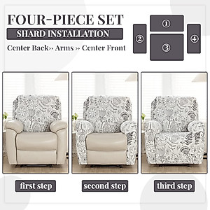 Stretch Recliner Cover Printed Chair Slipcovers 4 pcs in 1 Set Recliner Covers with Pockets 1 seat Printed Fallon Collection Slipcover Recliner Furniture Protector, Elastic Bottom (Wild Flower, 1 Set)