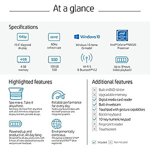 HP 15 Laptop, 15.6" FHD Computer, Intel Celeron N4020 Processor, 16GB RAM, 256GB SSD, 1-Year Office 365, Google Classroom Zoom for Business Student, Windows 10 S Mode＋TSBEAU 3.0 Hub & USB LED Light