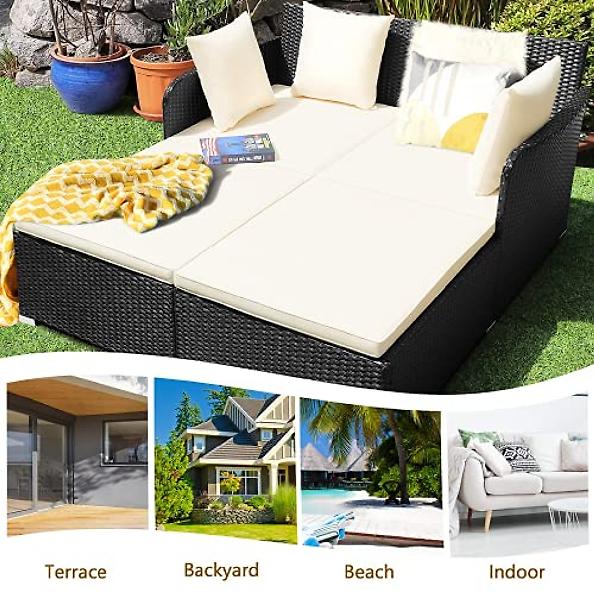 Salches Outdoor Rattan Daybed, Patio Loveseat Sofa Set w/Comfortable Cushions, Extra Pillows & Metal Foot, Sunbed Wicker Furniture for Yard/Poolside/Living Room/Garden/Porch (White)