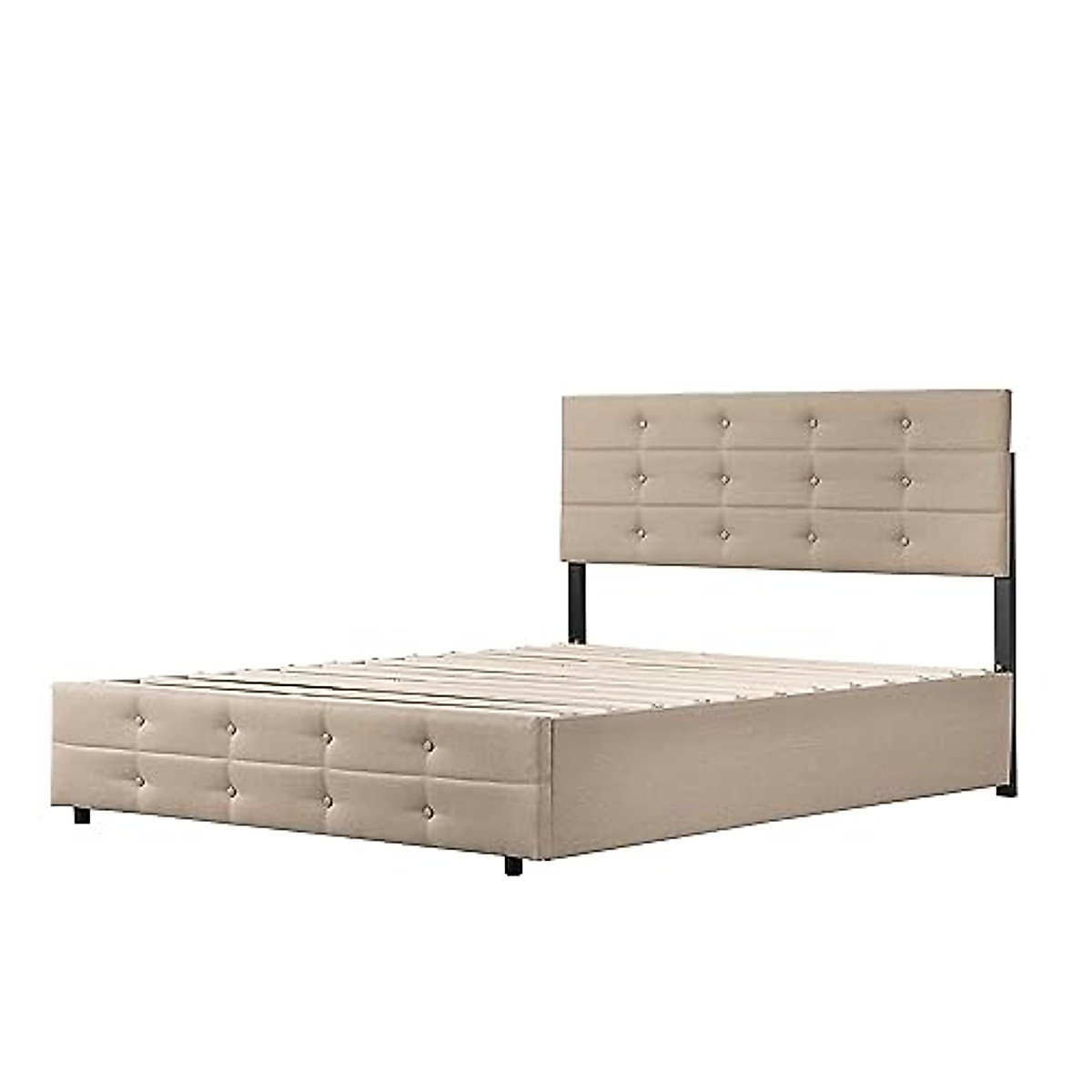 HAUSHECK Queen Size Upholstered Platform Bed with Trundle & Two Drawers - Trundle with 4 Wheels, Wooden Slats Support, Modern Linen Fabric Bed Frames No Box Spring Needed for Kids, Teen & Adults