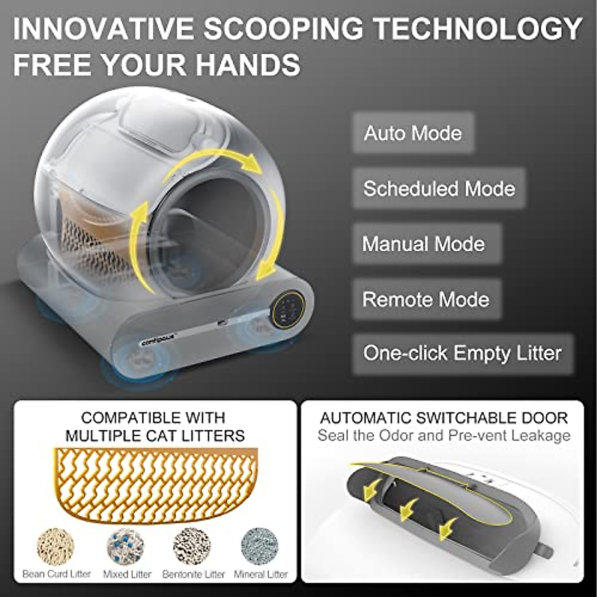 Comfipaws Automatic Cat Litter Box Self Cleaning Robot Cat Litter Box for Multiple Cats, Auto Clean Cat Litter Box with APP Control & Ionic Deodorizer, 65L+9L Smart Cat Toilet with Mat, Liner, Brush