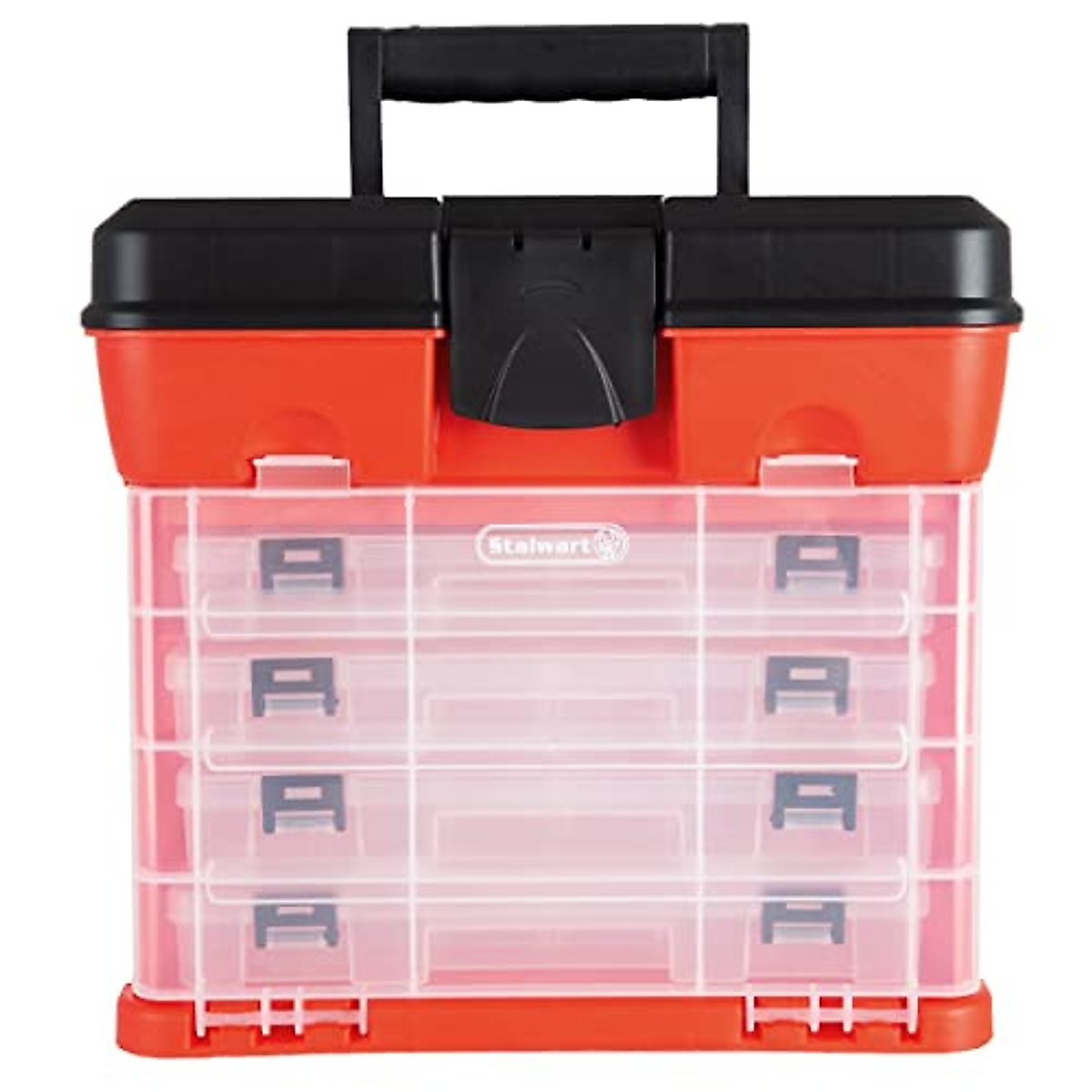 Storage Tool Box - Portable Multipurpose Organizer With Main Top Compartment and 4 Removable Multi-Compartment Trays by Stalwart,Red,11 in x 7 in x 10 in