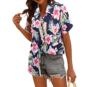 MYHALF Women Hawaiian Shirt Soft Cool Summer Hawaii Shirts Floral Tropic Print V Neck T-Shirt Short Sleeve Button Up Tops