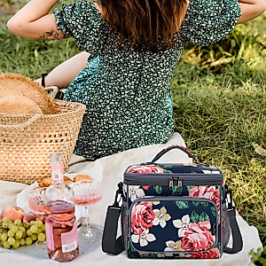 FlowFly Insulated Reusable Lunch Bag Adult Large Lunch Box for Women and Men with Adjustable Shoulder Strap,Front Zipper Pocket and Dual Large Mesh Side Pockets,Peony