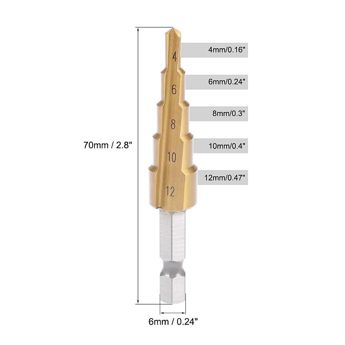 uxcell Step Drill Bit HSS 4241 4mm to 12mm 5 Sizes Titanium Coated Straight Flutes Hex Shank for Metal Wood Plastic