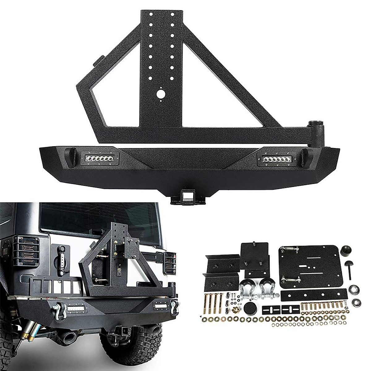 cciyu Texture Black Rear Bumper with and Tire Carrier and LED Lights, 2" hitch receiver Compatible for Jeep Wrangler JK 2007-2018