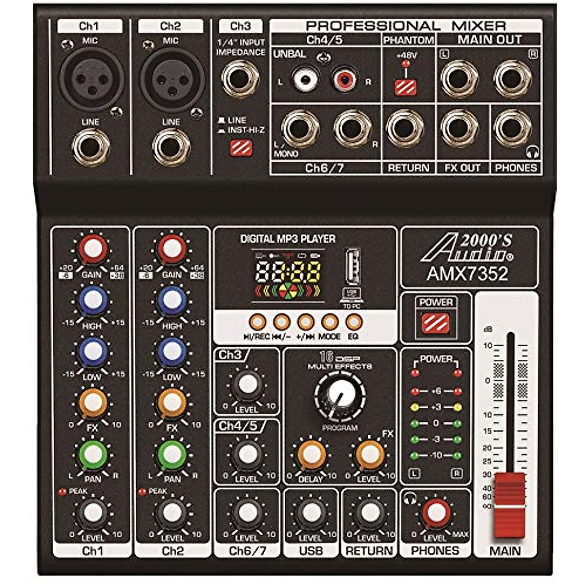 Audio2000'S AMX7352 Seven-Channel Audio Mixer with USB 5V Power Supply, USB Interface, and Sound Effect