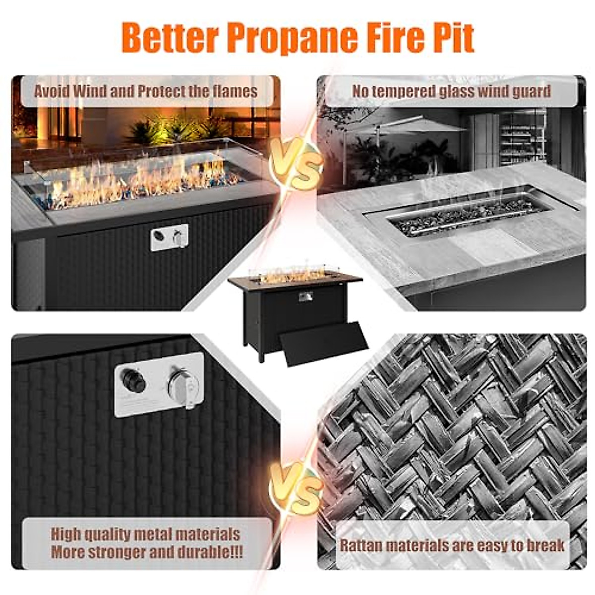 Walsunny 45 inch Outdoor Propane Fire Pit 50,000 BTU Gas Fire Pit Table with Lid, Glass Wind Guard, Waterproof Cover, Rectangle Gas Firepit Table for Garden/Patio, CSA Certification