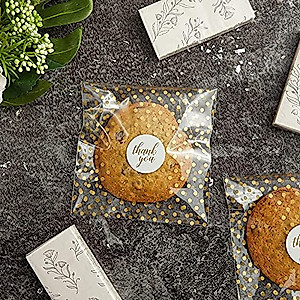 250-Pack 4x6-Inch Clear Cellophane Cookie Bags with Gold Foil Polka Dots and 1.5-Inch White Round "Thank You" Stickers with Gold Foil Cursive Font, Plastic Treat Bags with Sealable Flap