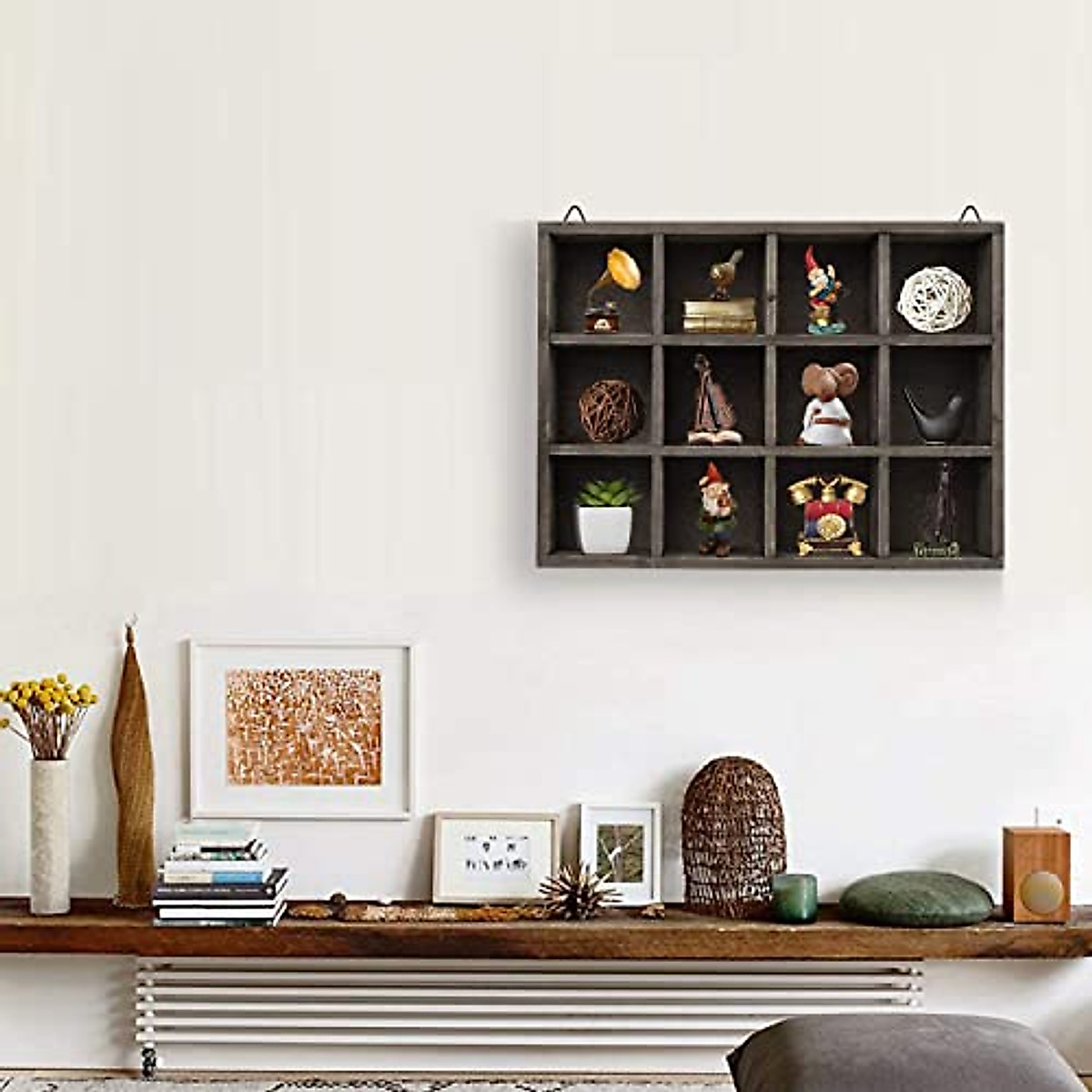 Flexzion Floating Shelf - Brown Wood Wall Mounted Freestanding Shelving Unit Wooden Wall Shelf 12 Compartment Slot Shadow Box, Showcase Display Organizer Shelf Vertical/Horizontal