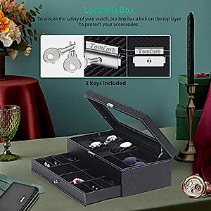 TomCare Watch Box Watch Case Weave Pattern Jewelry Box Lockable Watch Case with Drawer Sunglasses Holder Earrings Storage PU Leather Jewelry Organizer with Glass Top for Men Women (Black)