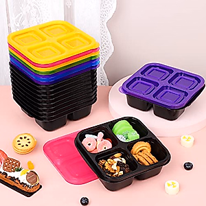 Aodaer 12 Pack 4 Compartment Reusable Snack Box Plastic Bento Lunch Box Divided Food Storage Containers for Work Travel, Black