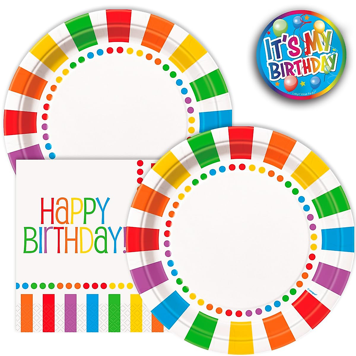 Lobyn Birthday Party Plates and Napkins Vibrant Birthday Rainbow Design 16 counts each of 9" Lunch Plates, 16 counts 6.5" Folded Lunch Napkins Perfect for Happy Birthday Celebrations