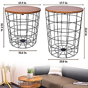 Elevon Wire Basket Base with Wood Tops Side Table Set of 2, Brown
