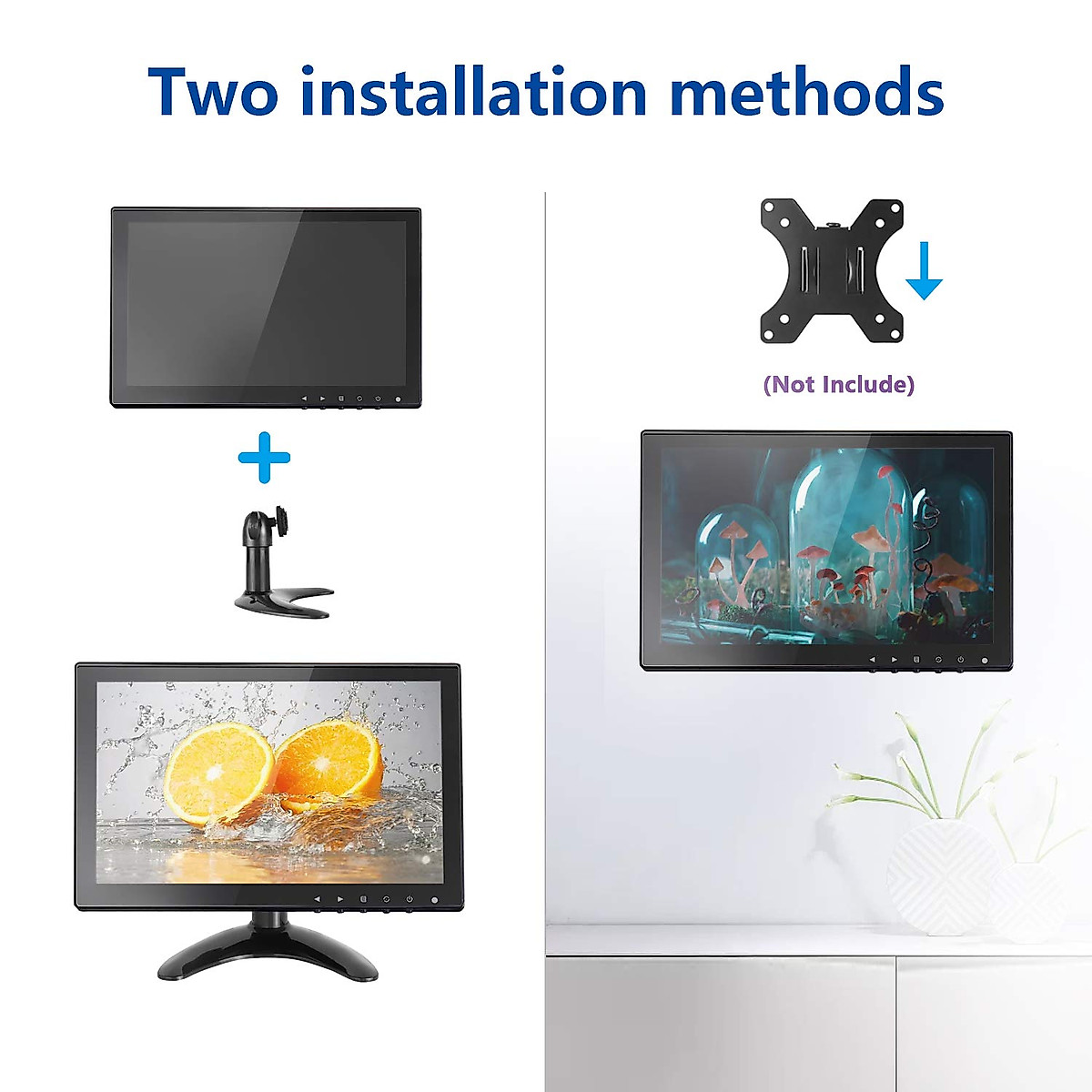 WHOLEV 10.1" LCD Rimless Monitor 1280x800 FHD Color Screen with AV VGA HDMI BNC USB Input Built-in Speaker 178° Wide Angle for Raspberry Pi Computer Display TV